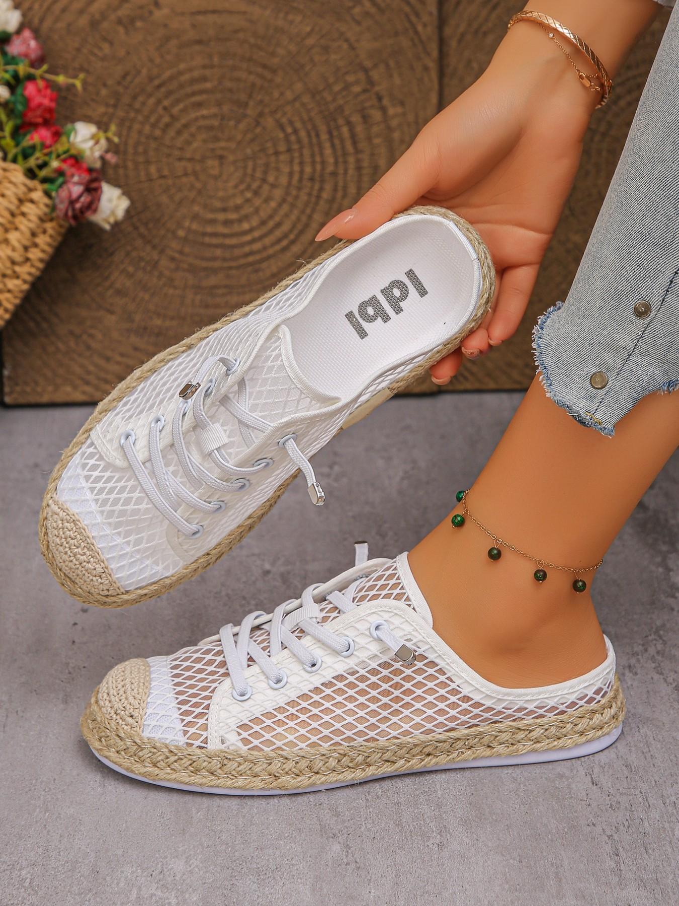 Summer New Mesh Breathable Half Sandal Canvas Shoes, Straw Toe One ...