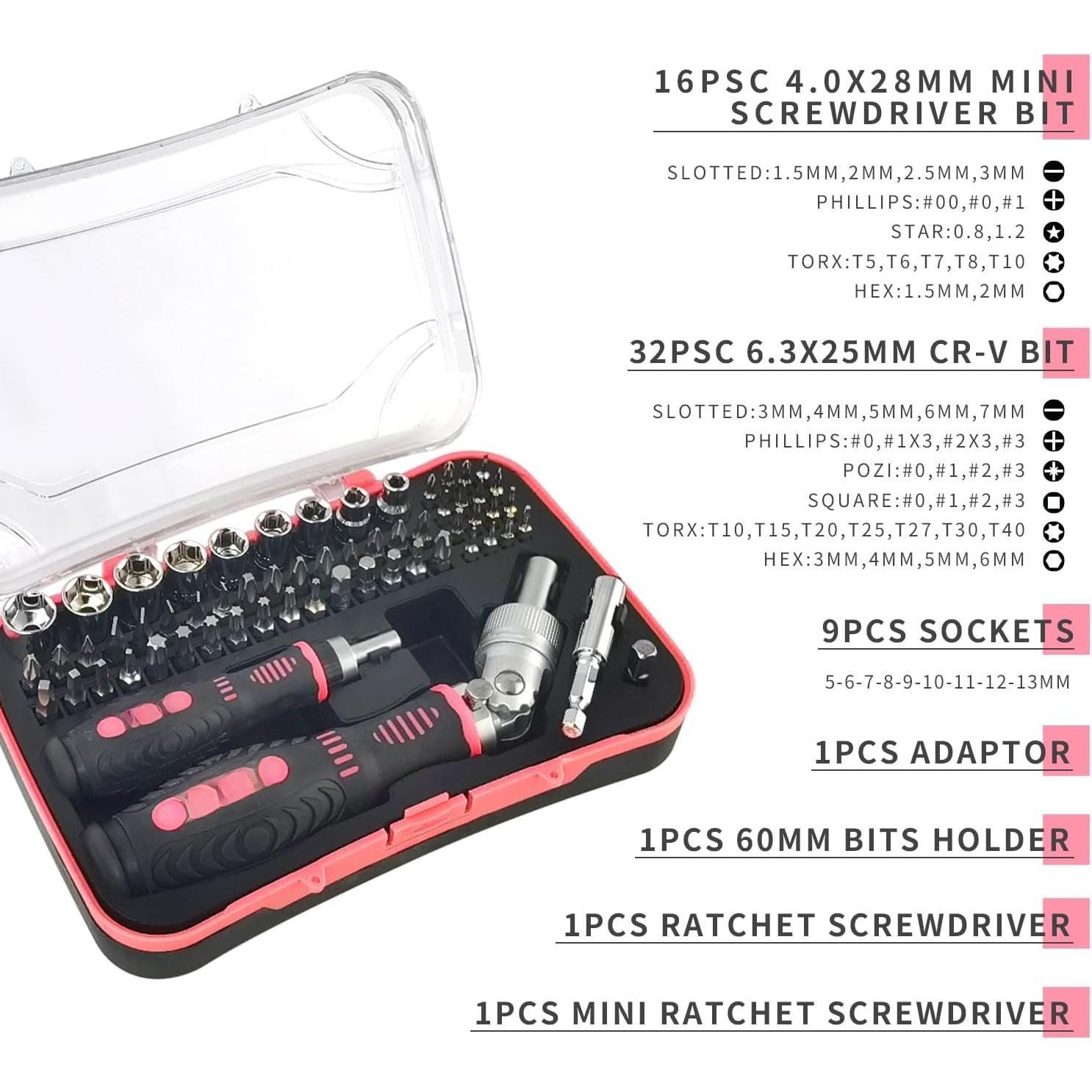 Ratcheting Set 61 count Socket Set & Bit Set with Rotatable Ratchet ...