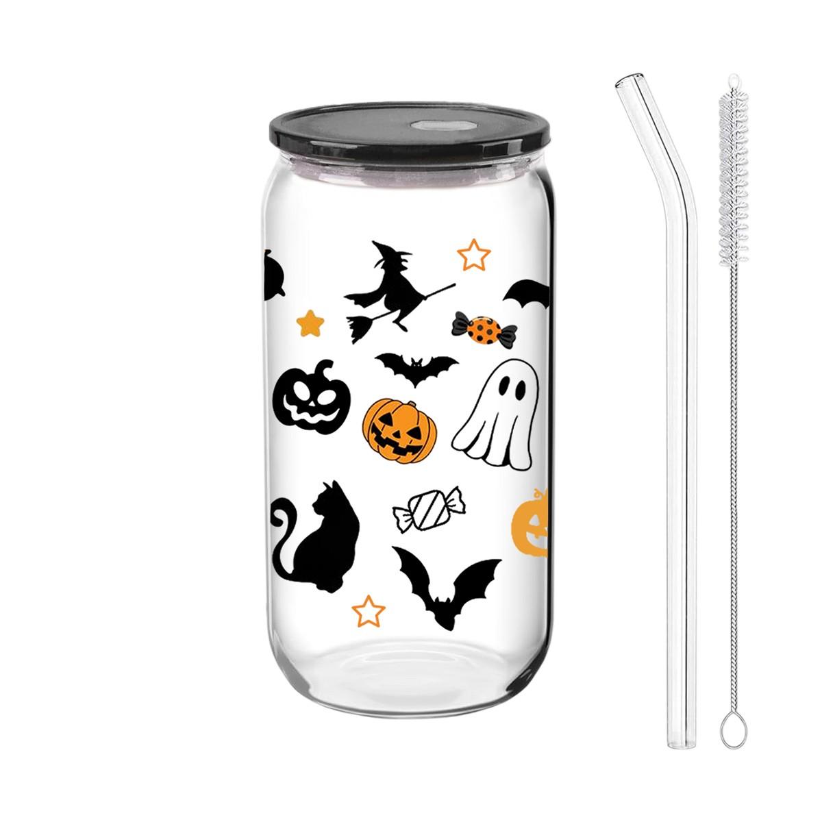 Halloween Glass Cup Set, 16oz Drinking Glasses with Glass Straw & Brush ...