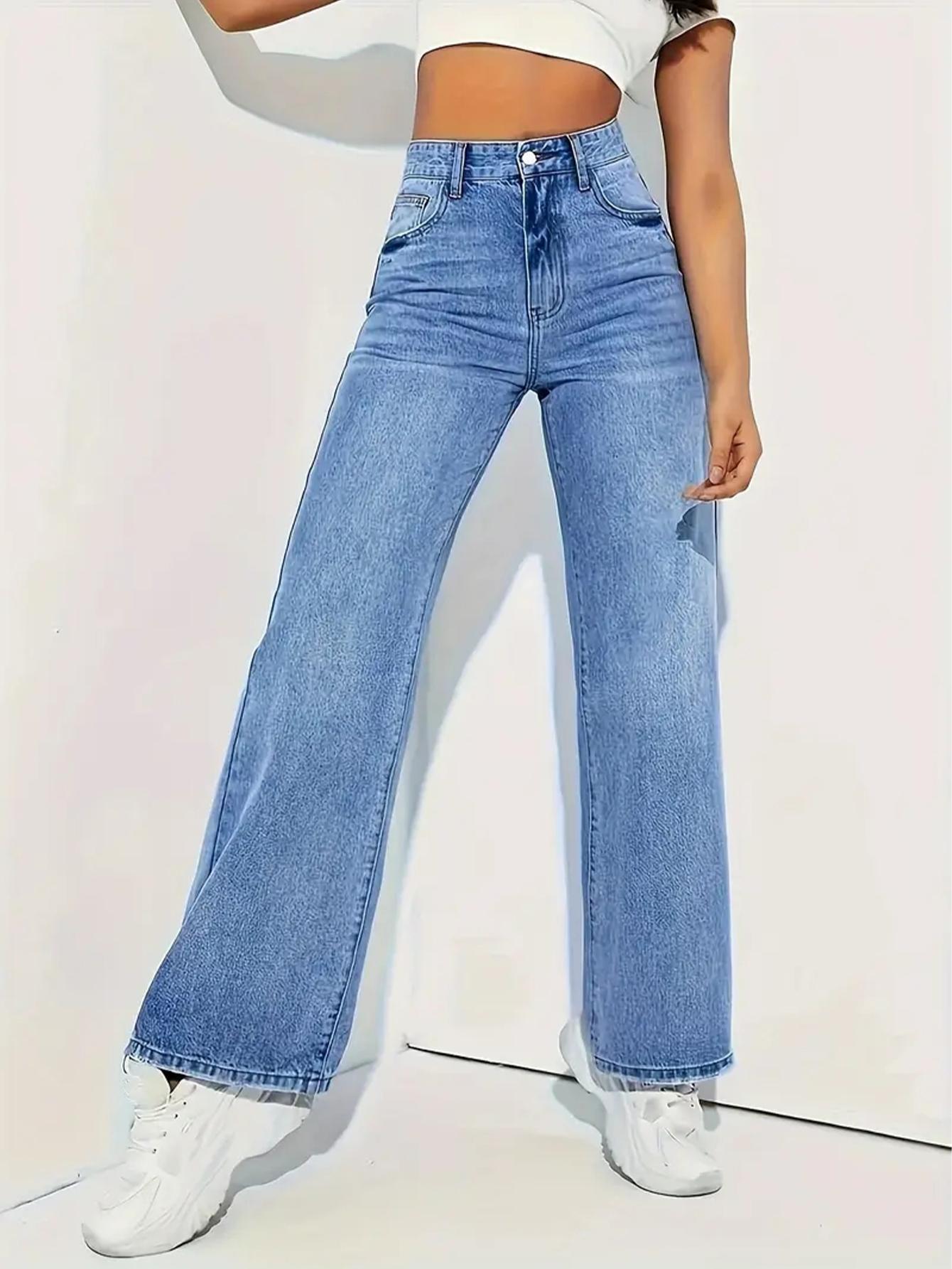 Women's Light Blue Denim Jeans, Elastic Waist, Loose Fit, Straight Leg ...