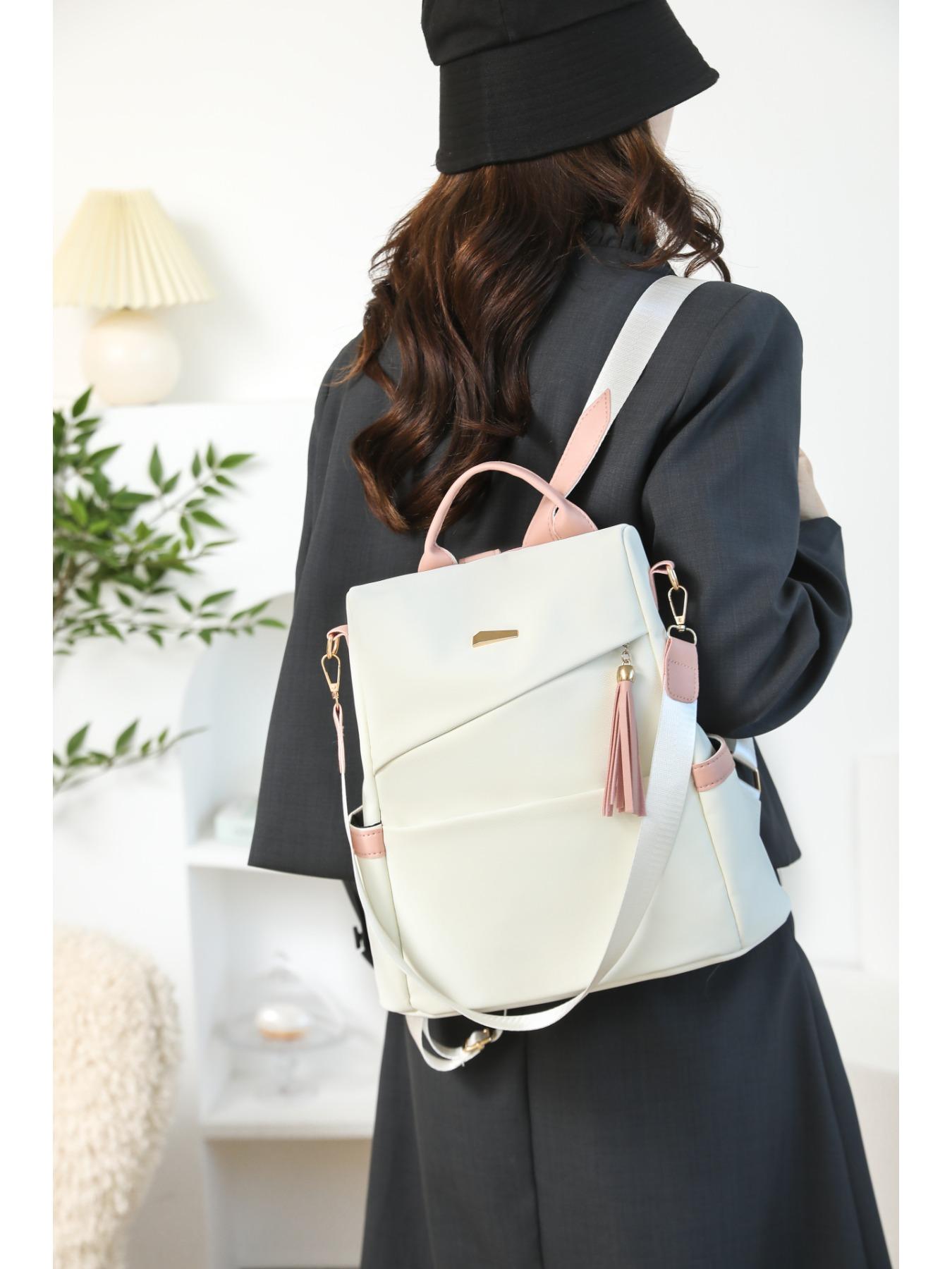 Color Block Tassel Backpack Travel Bag Women Large Capacity Commute ...