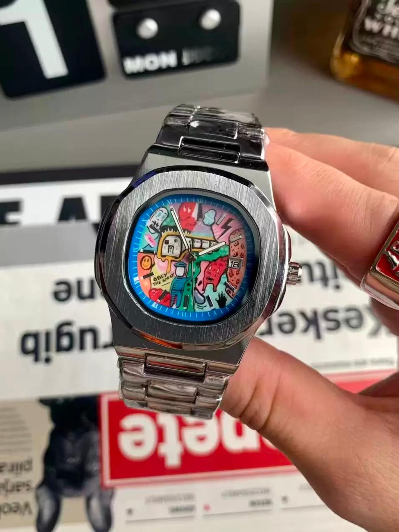 Men's Trendy Quartz Watch, New Retro Square Graffiti Watch, Geometric ...