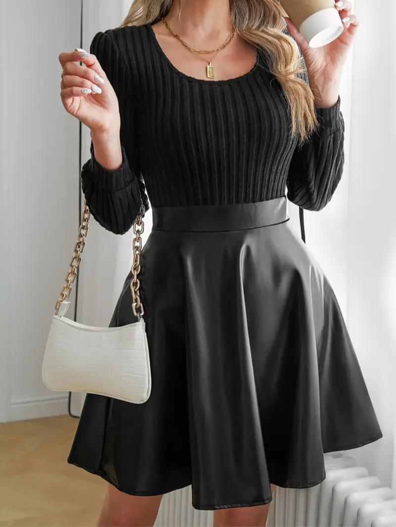 New European Style Casual Women's Patchwork A-Line Dress, Elegant Long ...