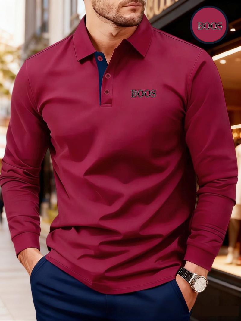 Men's Solid Color Long Sleeve Polo Shirt, High-End Fashion Fabric ...