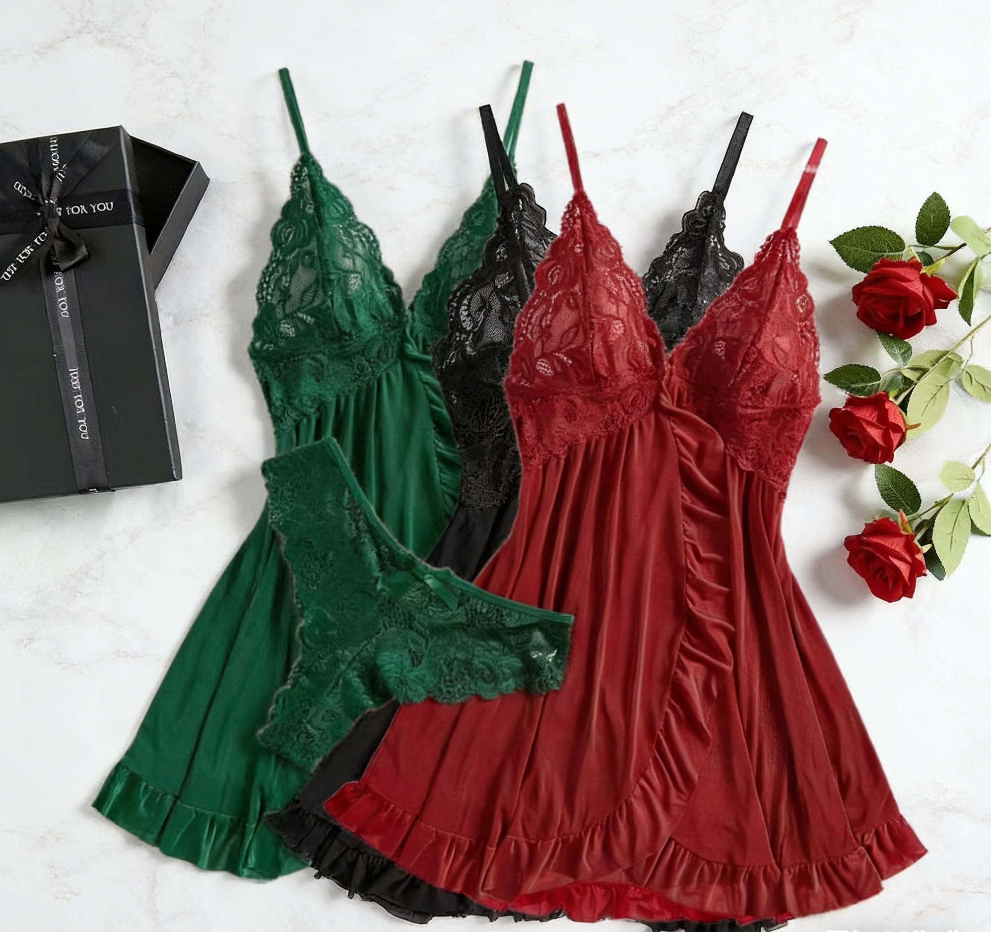3Sets 3Colors Sets(red+blue+pink) V-Neck Sexy Contrast Lace Mesh ...