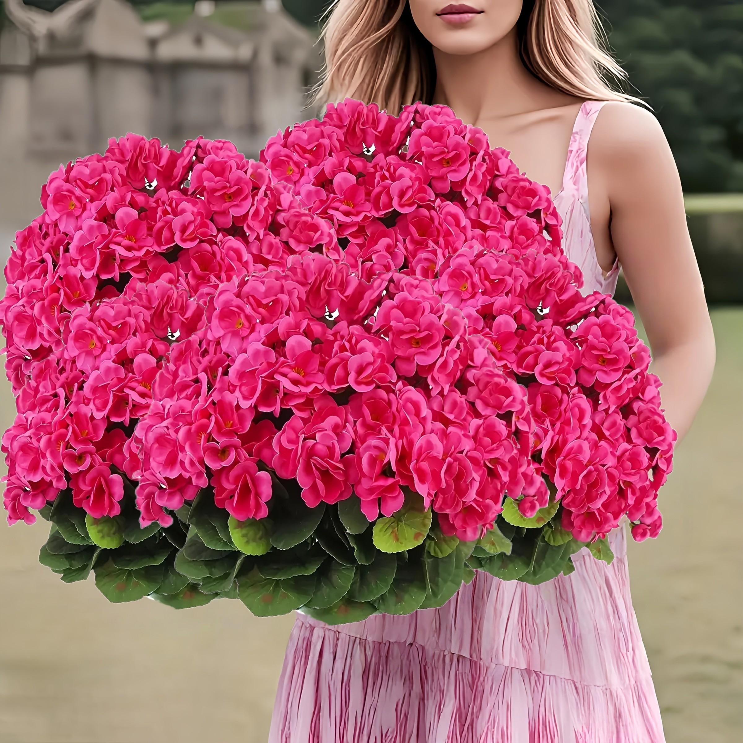 8 Sets UV Resistant Artificial Geranium, Bright Pink Faux Flowers with ...