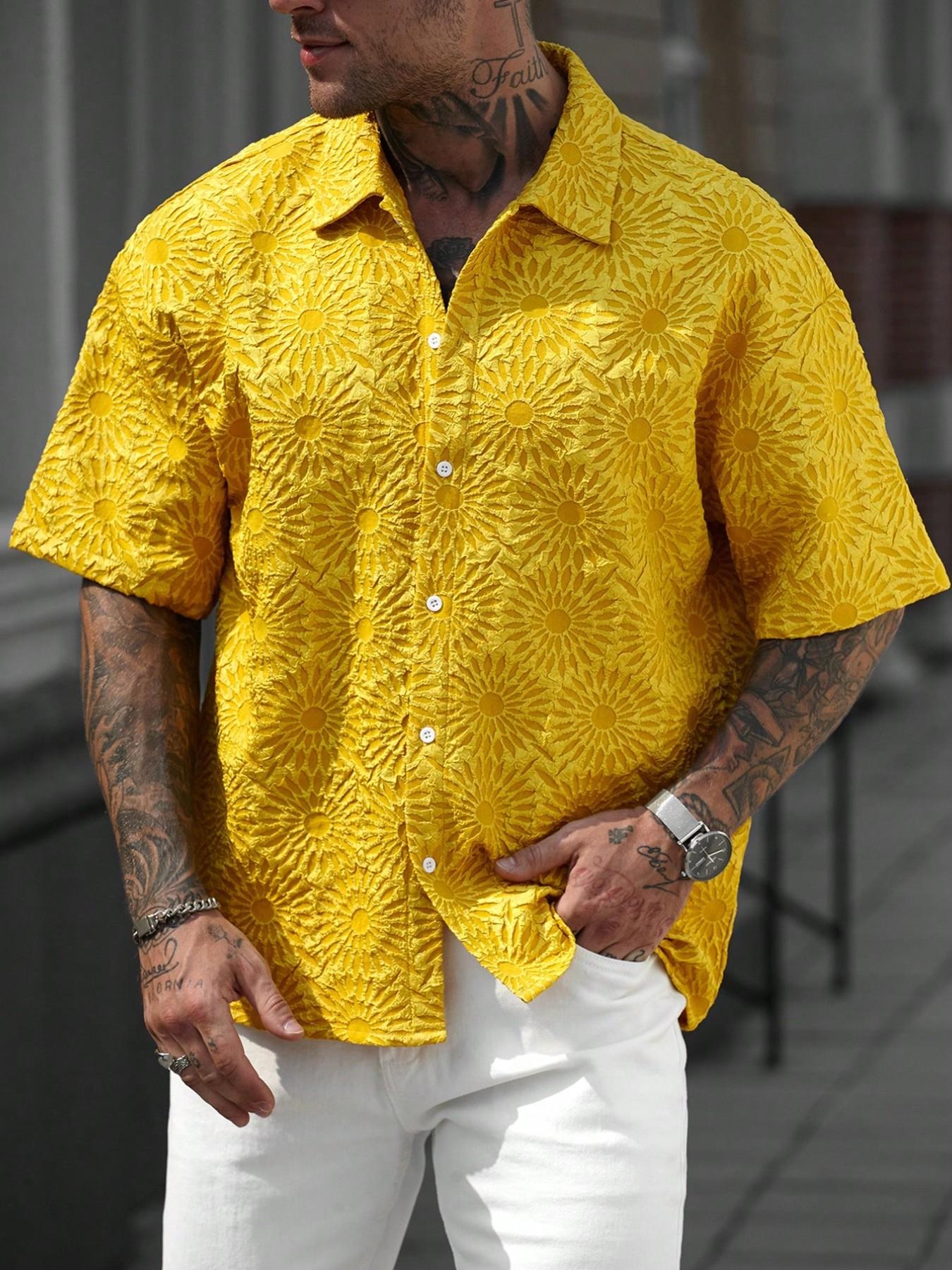 Men's Summer Casual Top Shirts, Sunflower Bubble Texture Jacquard ...