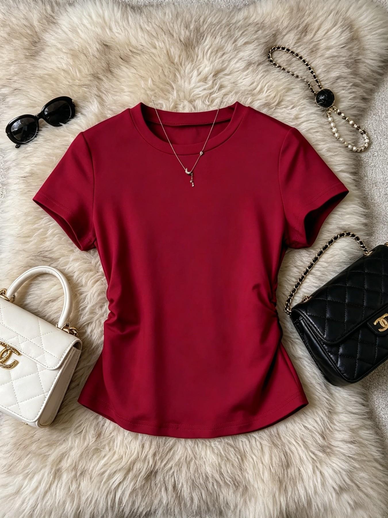 Women's Side Ruched Round Neck Short Sleeve T-Shirt, Summer Slim Fit ...