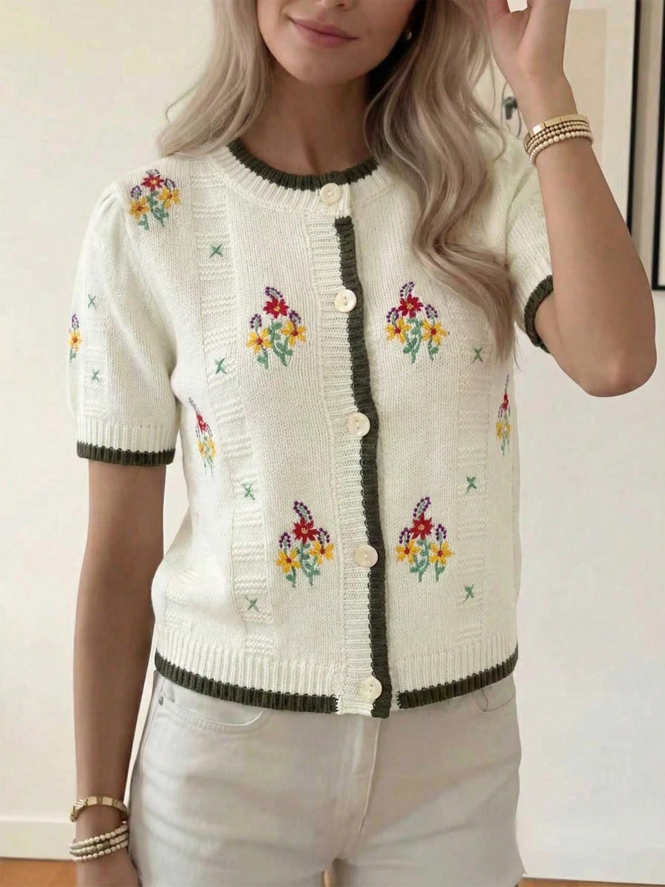 Women's Round Neck Colorblock Button Front Floral Embroidery Summer ...
