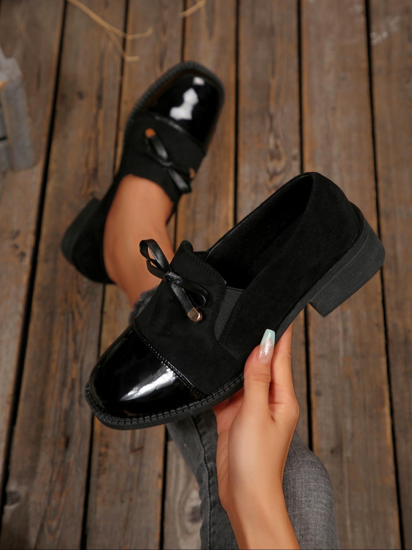 Women's new stitching bow medium-heeled shoes, British square scalp ...