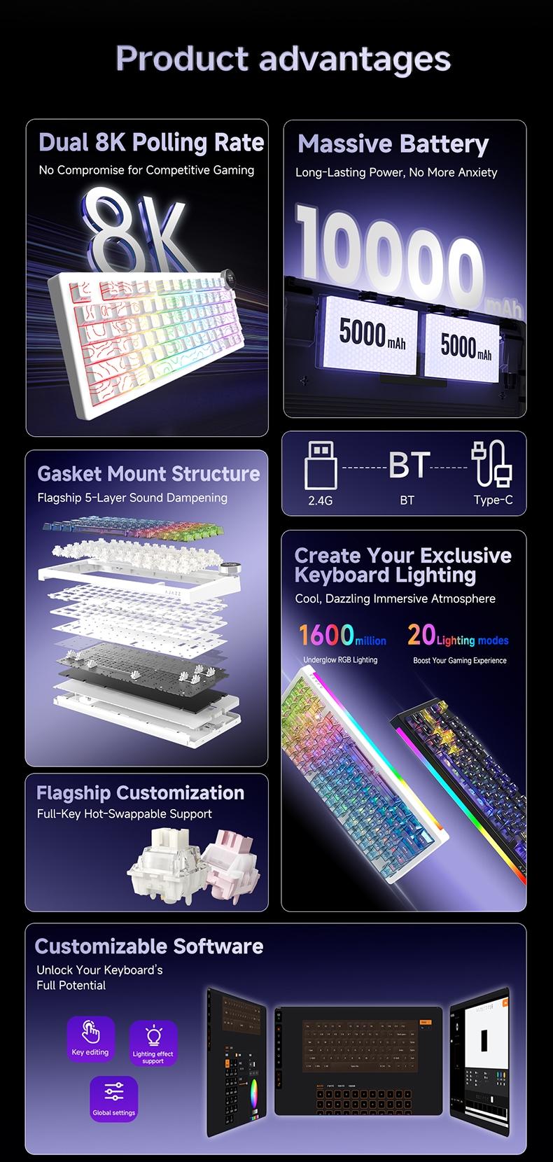 AJAZZ AK820 V2 Dual 1K Wireless Gaming Mechanical Keyboard White Peach ...