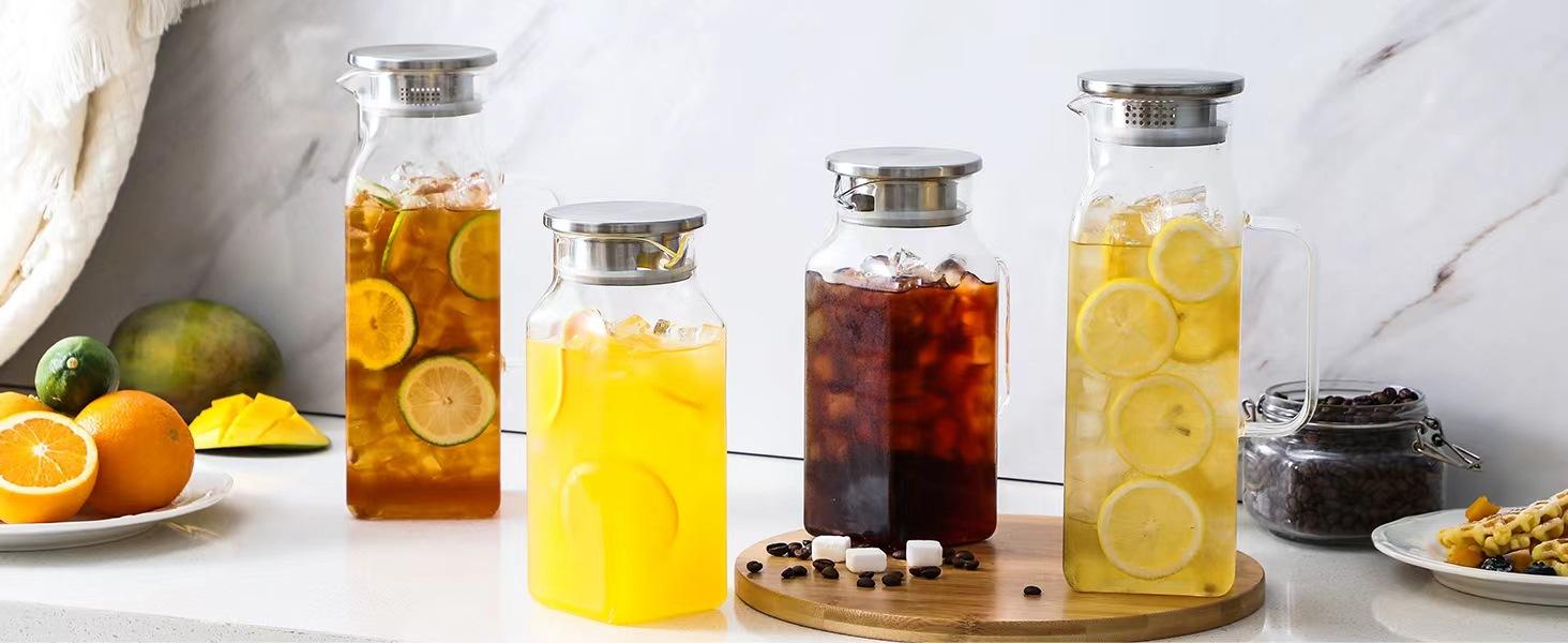 2 Pack 2 Liters/68 oz Square Glass Pitcher with Lid and Handle, Glass ...