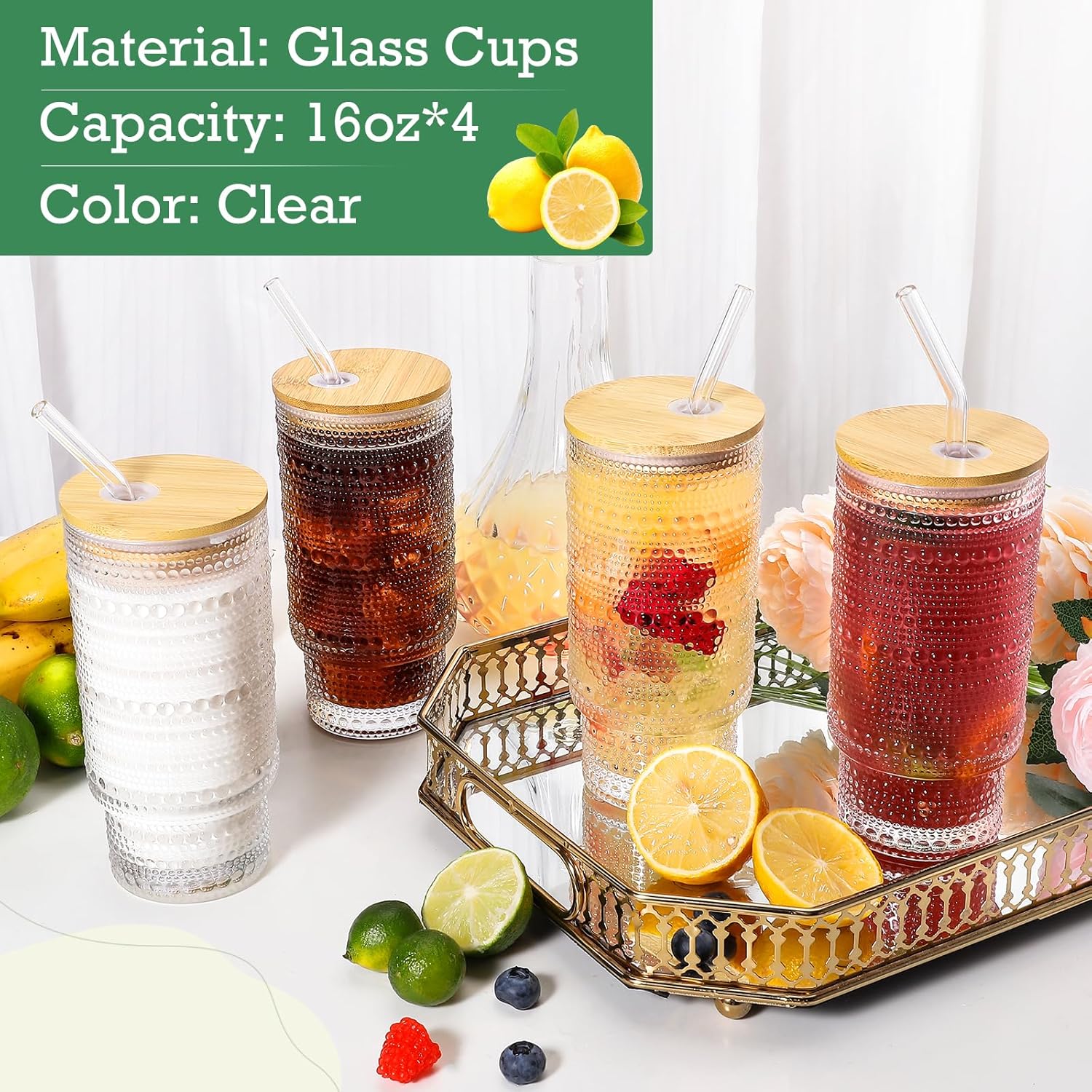 16 Oz Glass Cups with and Straws, Embossed Glassware for , Iced Coffee ...