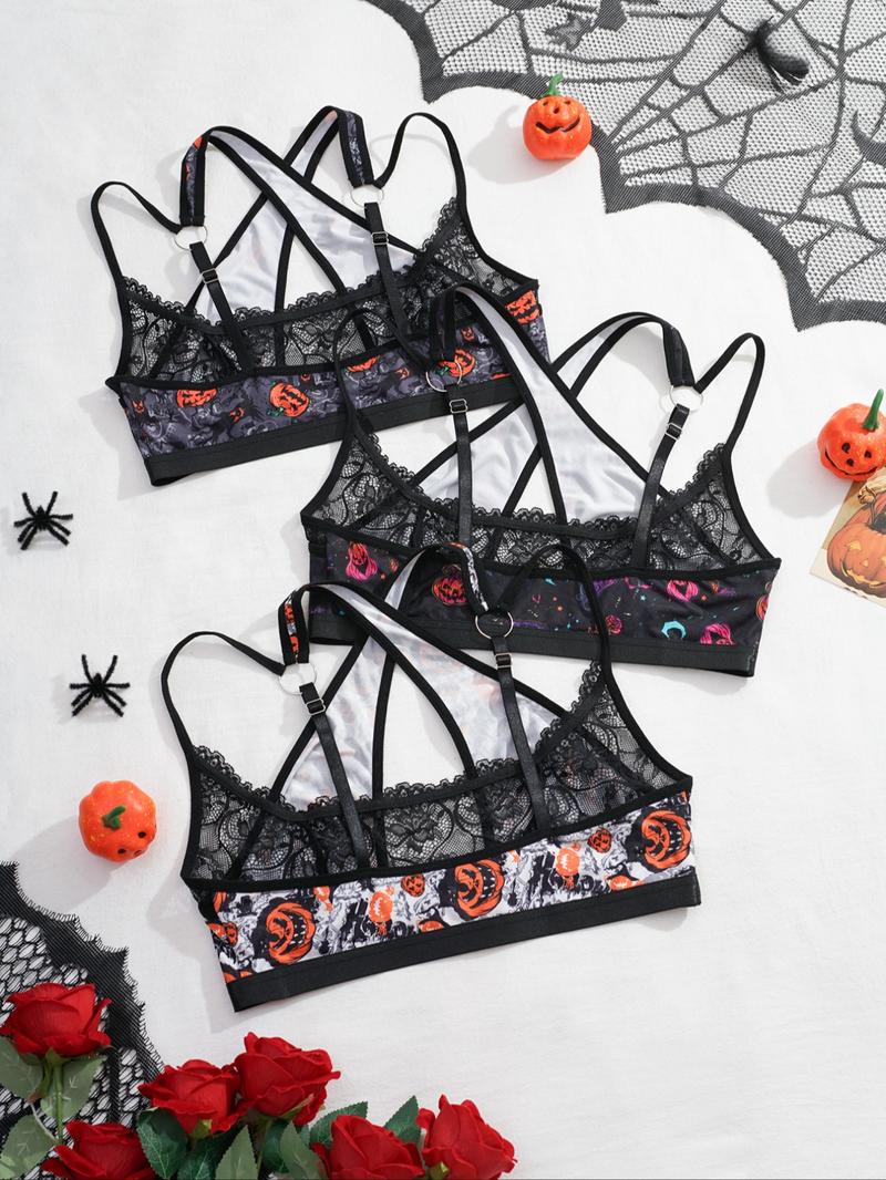 Women's Halloween Pumpkin Bat Skull Print Bra Set, Party Wear ...