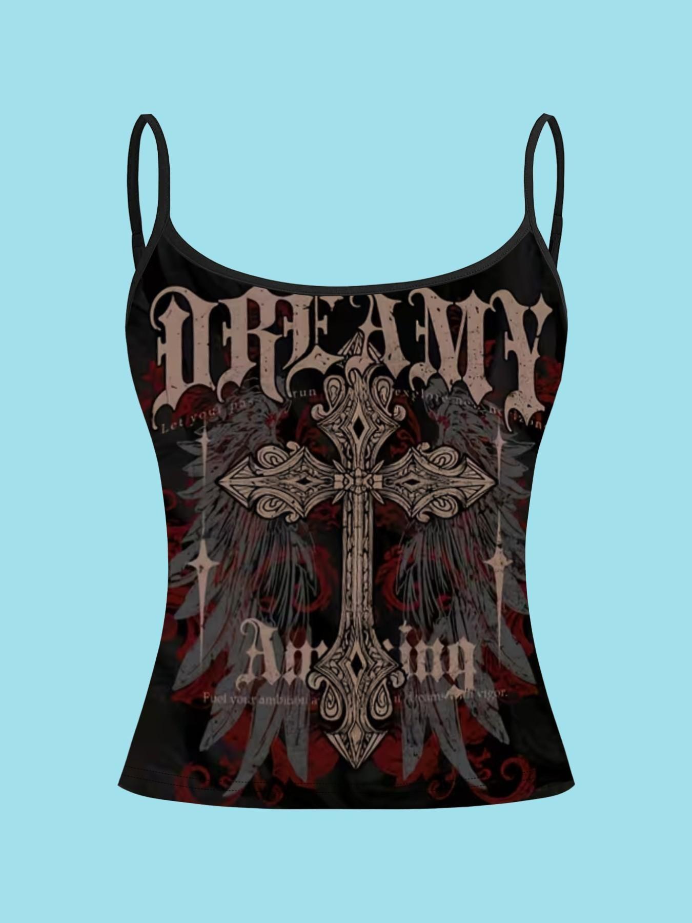 3 Piece Gothic Heart & Pattern Cami Set, Slim Fit Casual Outerwear ...