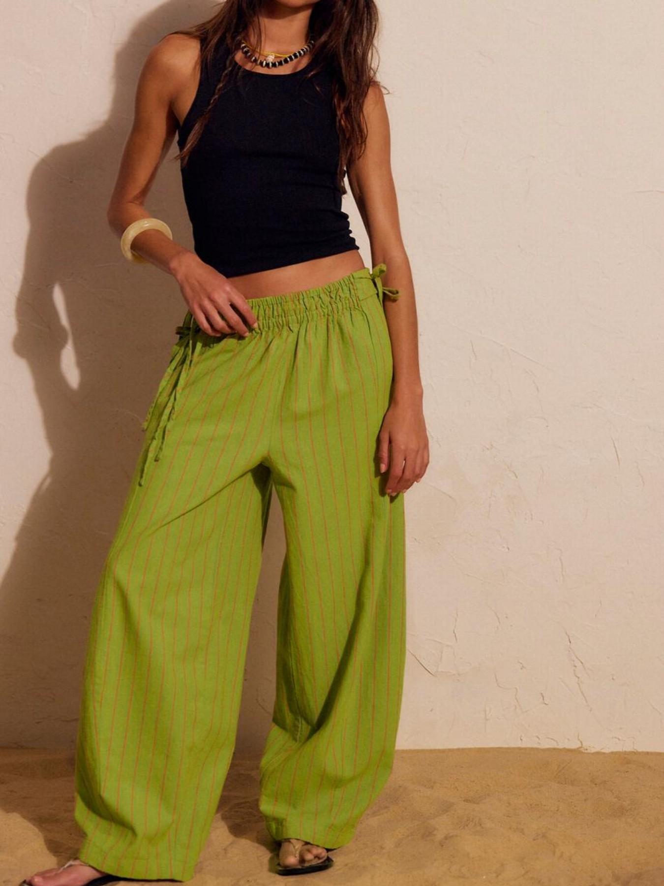 Women's Striped Adjustable Drawstring Bucket Pants, Casual Wide Leg ...