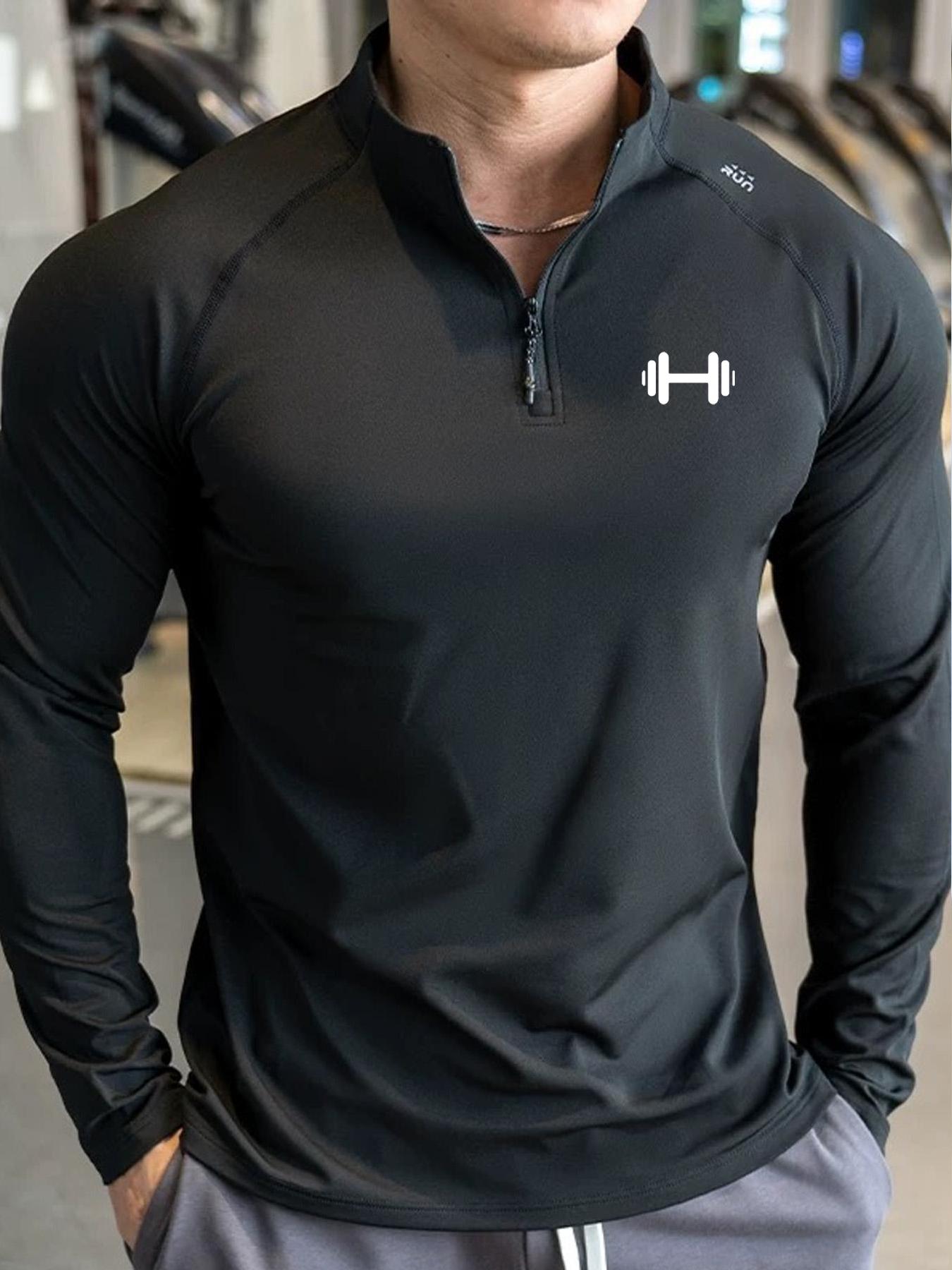 Men's Fitness Half-Zip Long Sleeve Top, Dumbbell Graphic, Breathable ...