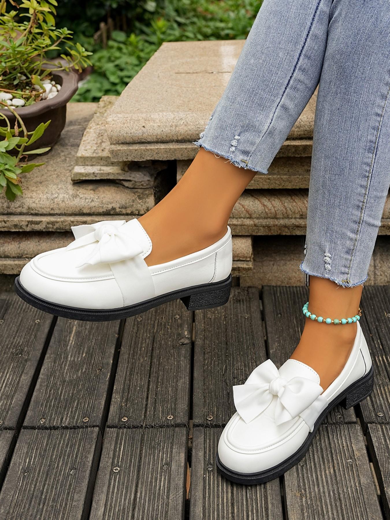 Women's Bow Loafers Colorblock Chunky Heel Small Leather Shoes, Casual ...