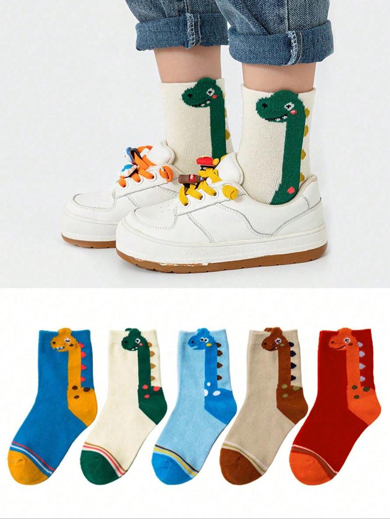 5 Pairs Kids Socks, Cartoon Neck Dragon Dinosaur Design, Mid-Calf ...