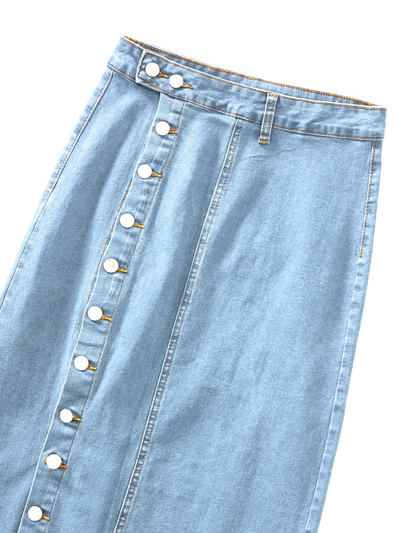 Women's High-Waisted Split Light Wash Denim Midi Skirt, Fitted Straight ...