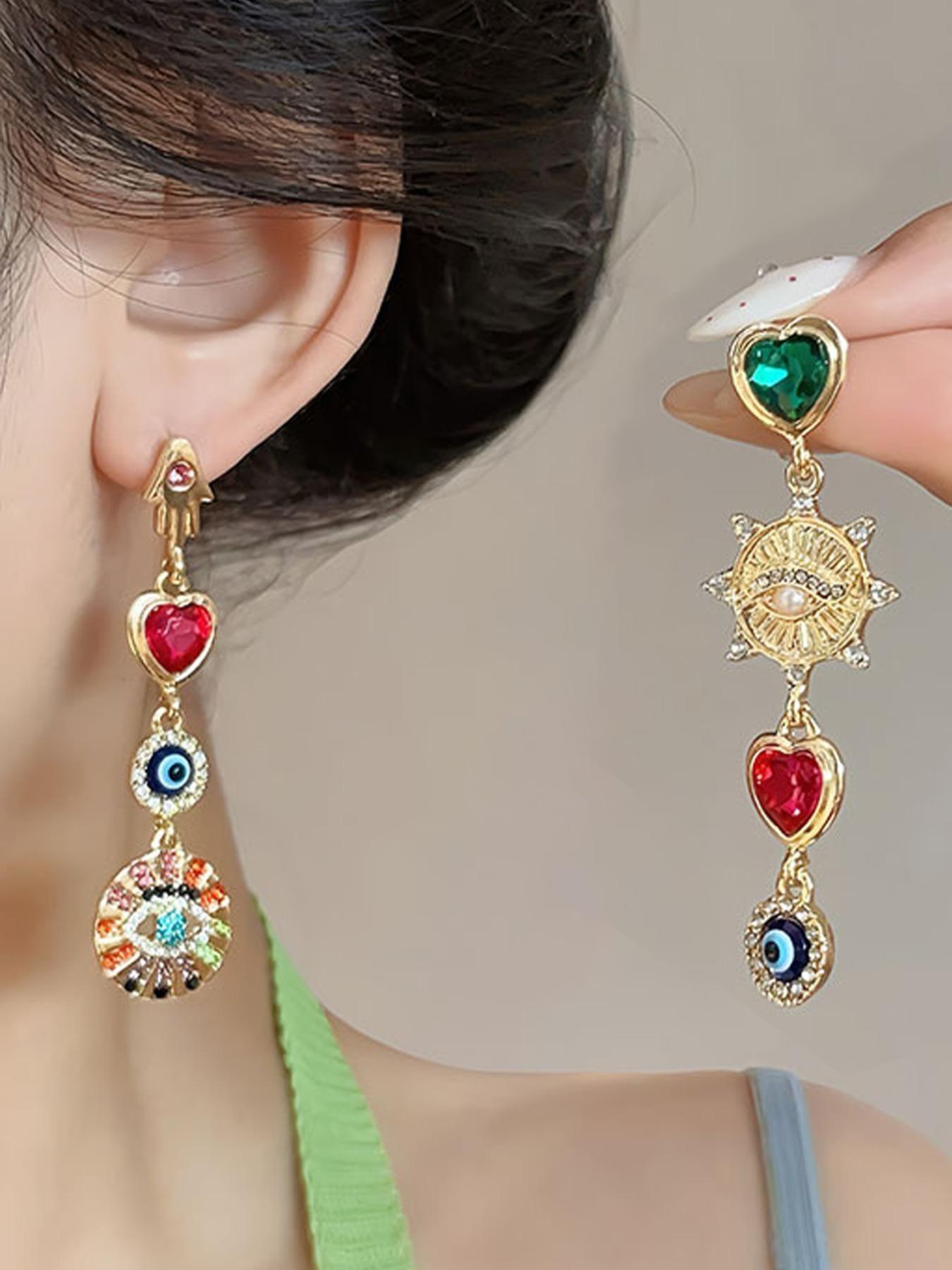Vintage Gothic Devil Eye Motif Heart Rhinestone Earrings, Long Party ...