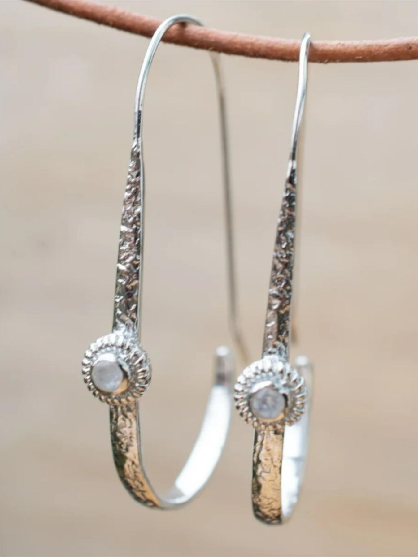 Handmade Hammered Silver Hoop Earrings for Women, Natural Stone Dangle ...