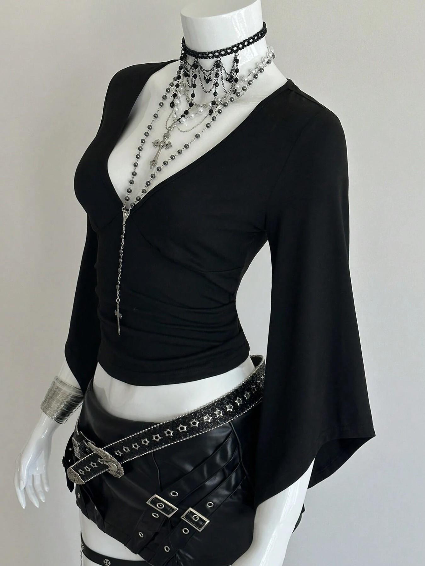 Fashion Multi-Purpose Solid Deep V Neck Flared Long Sleeve Women's ...