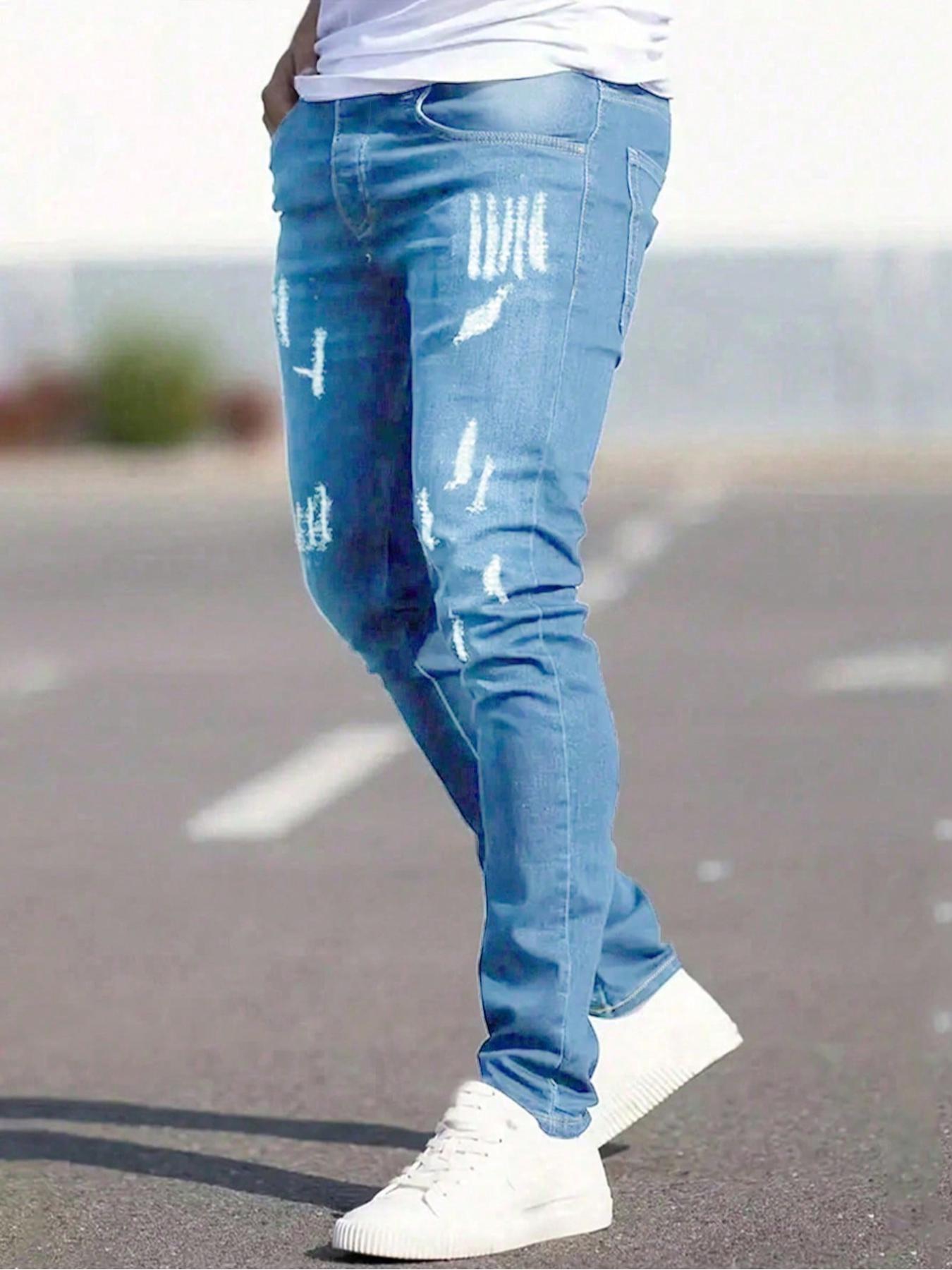 Men's Light Blue Ripped Fitted Stretch Denim Jeans, Casual Street Style ...