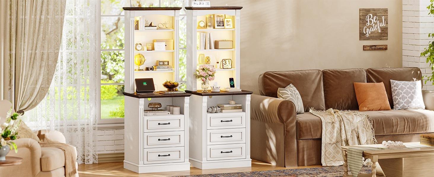 61 Inches Tall Nightstand with Charging Station and LED Light White ...