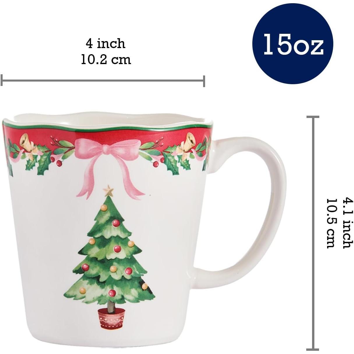 Ribbon Christmas Scalloped Ceramic Mug Set of 4, Christmas Coffee Mugs ...