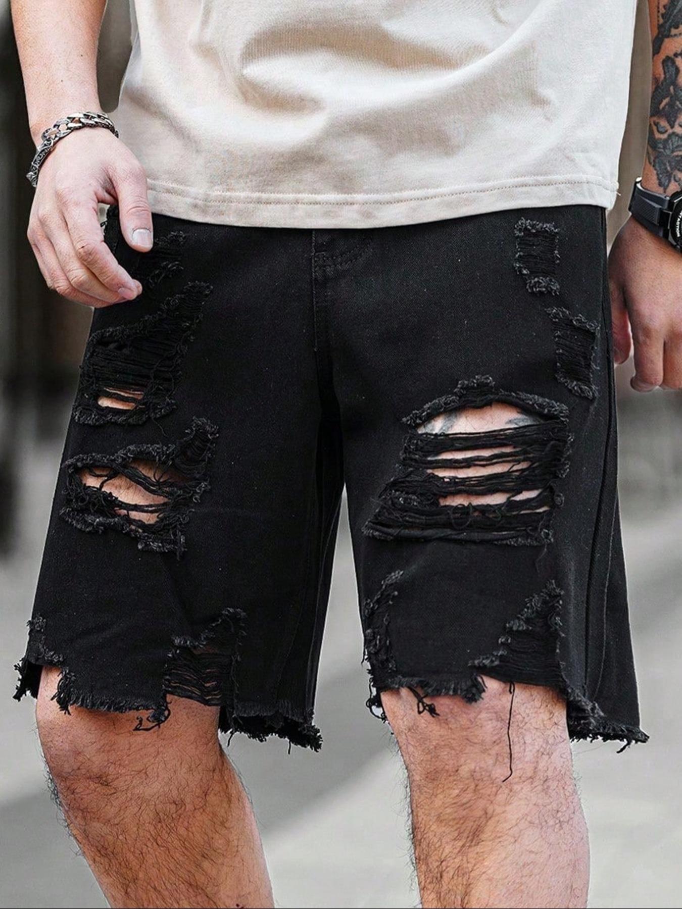 Men's Ripped Wide Leg Jeans Shorts, Loose Relaxed Fit Casual Streetwear ...