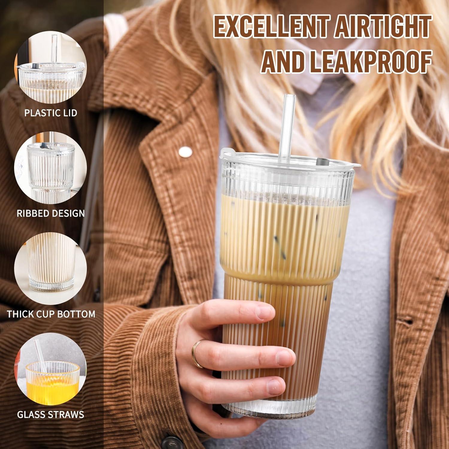 20 oz Glass Cup with Lid and Straw, Glass Tumbler with Straw and Lid ...