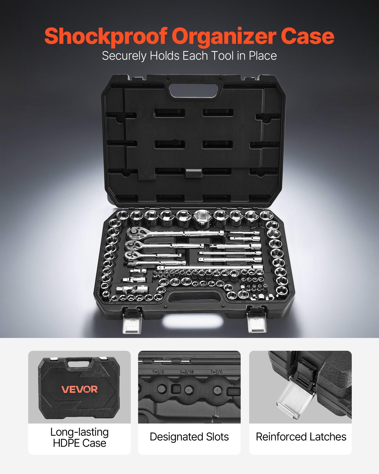 VEVOR Socket Set, 86 Pieces, 3/8 1/4 1/2 inch Drive Socket and Ratchet ...