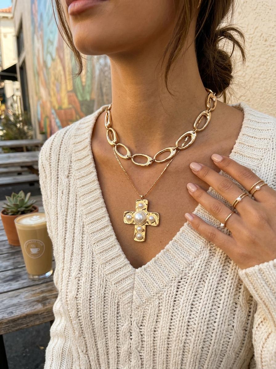 Layered Gold Chunky Cross Necklace For Women Stacked Gold Irregular ...