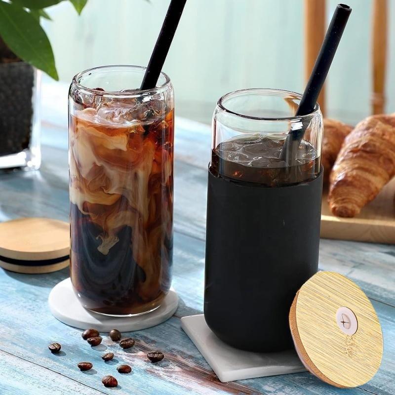 16oz Glass Cup with Bamboo Lid & Straw, 4 Counts Reusable Glass Cup ...
