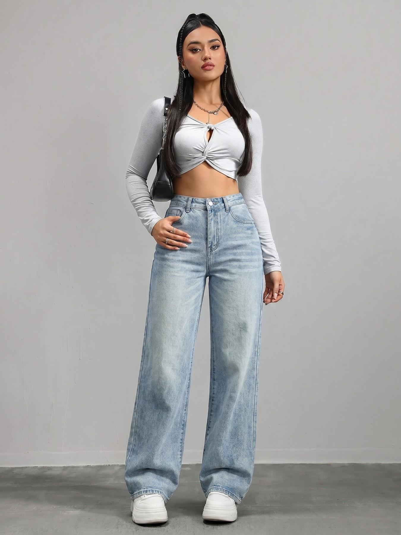 Women's Mid-Waist Pocket Loose Fit Wide Leg Casual Denim Jeans ...