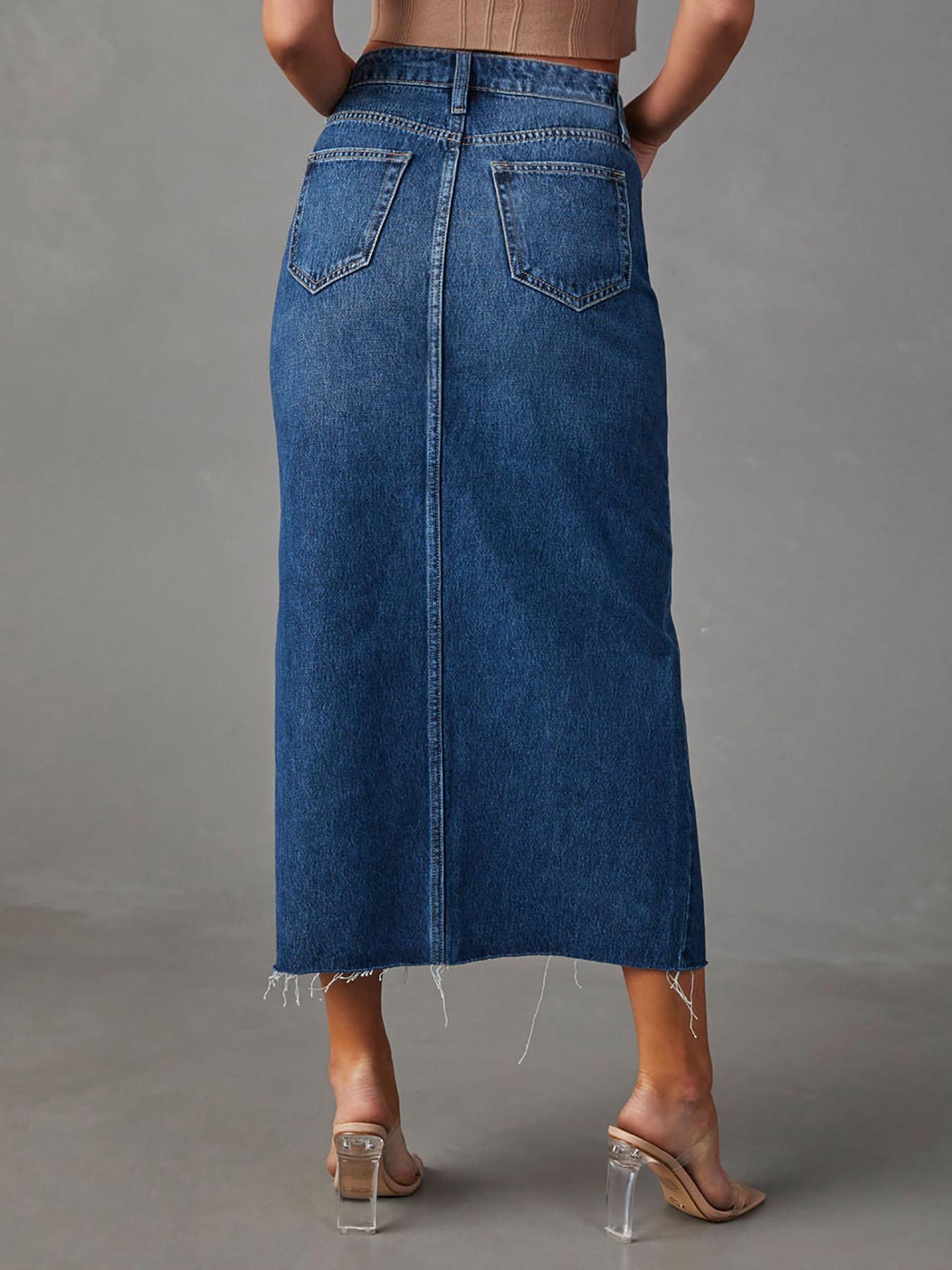Women's Straight Leg Split Denim Skirt, Front Back Pockets, High Slit ...
