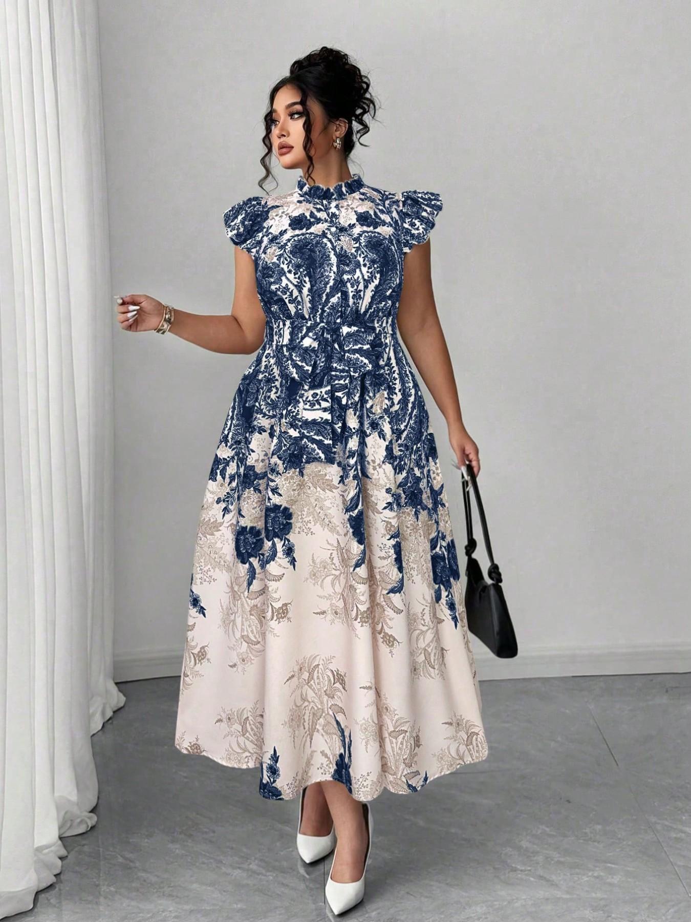 Plus Size Vintage Blue Polka Dot Midi Dress, Sleeveless Loose-Fit ...