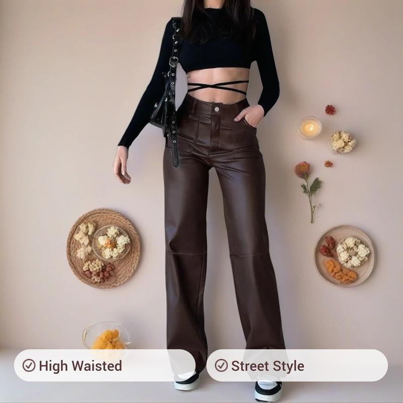 Y2K Style PU Leather Loose Fit Trousers, High-Waisted Plain Design for ...