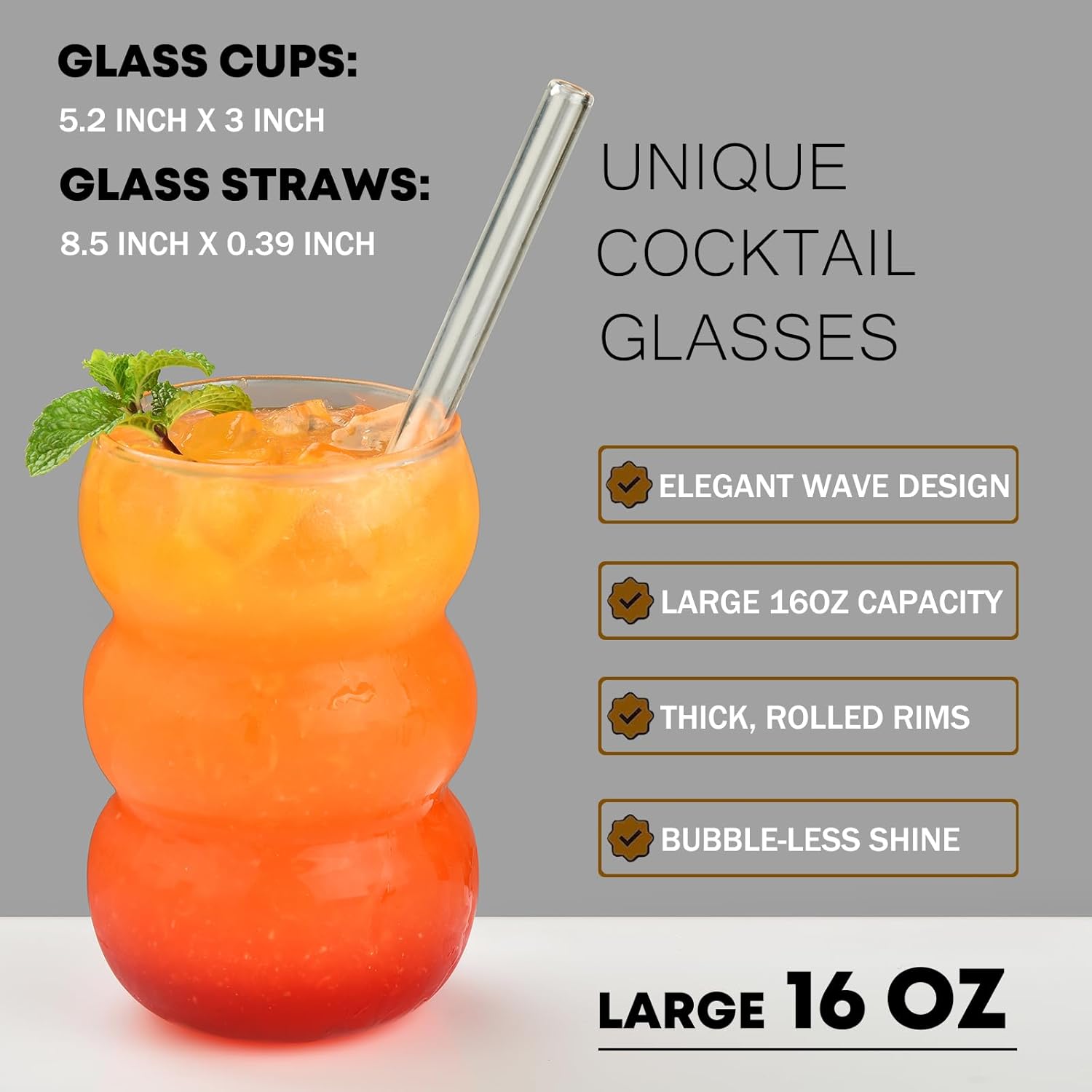 16 oz Large Ribbed Glassware Drinking Glasses with Straws Set of 4 ...