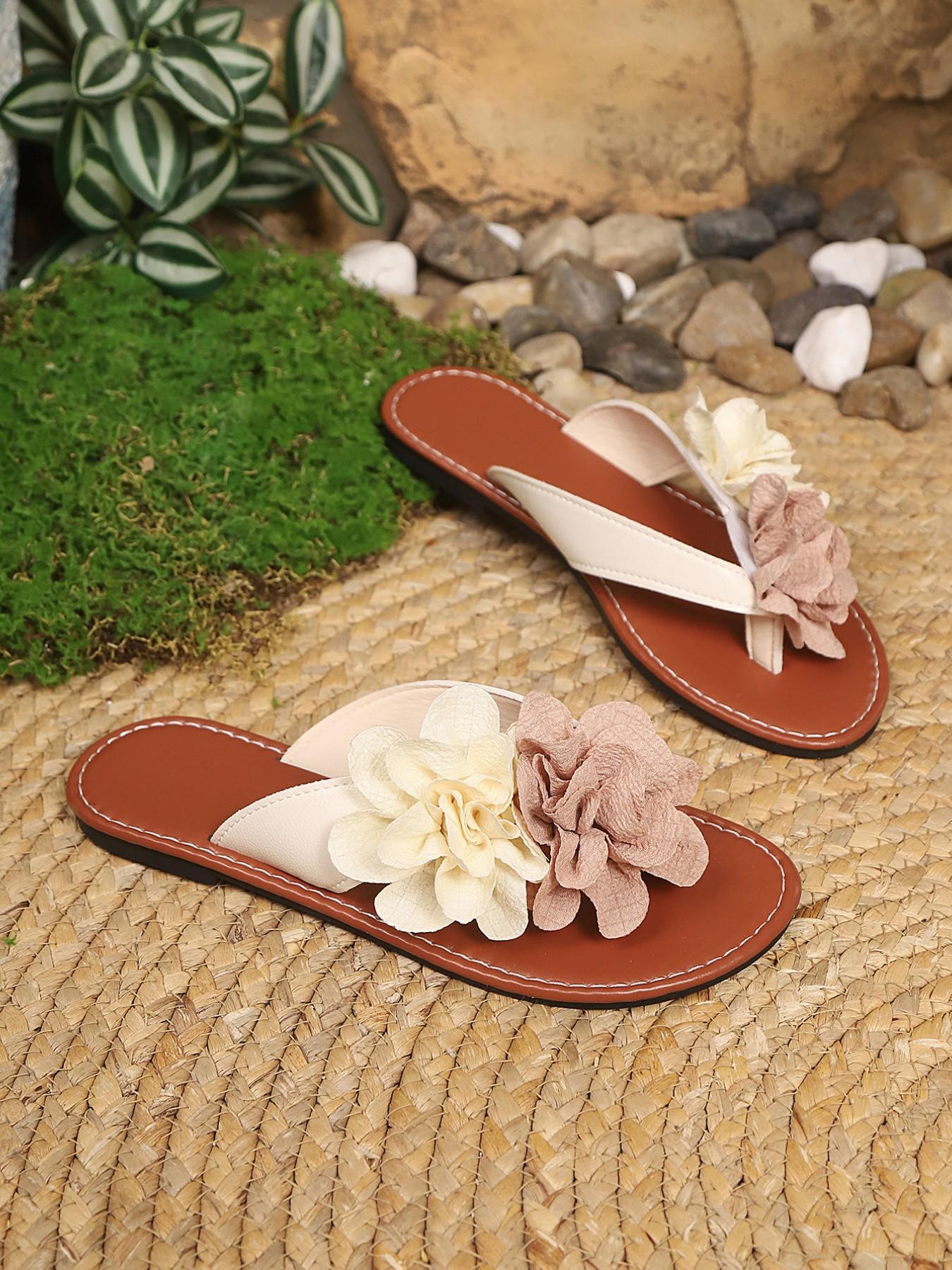 Women's Casual Flat Sandals, Floral Decoration Slip-On Shoes ...