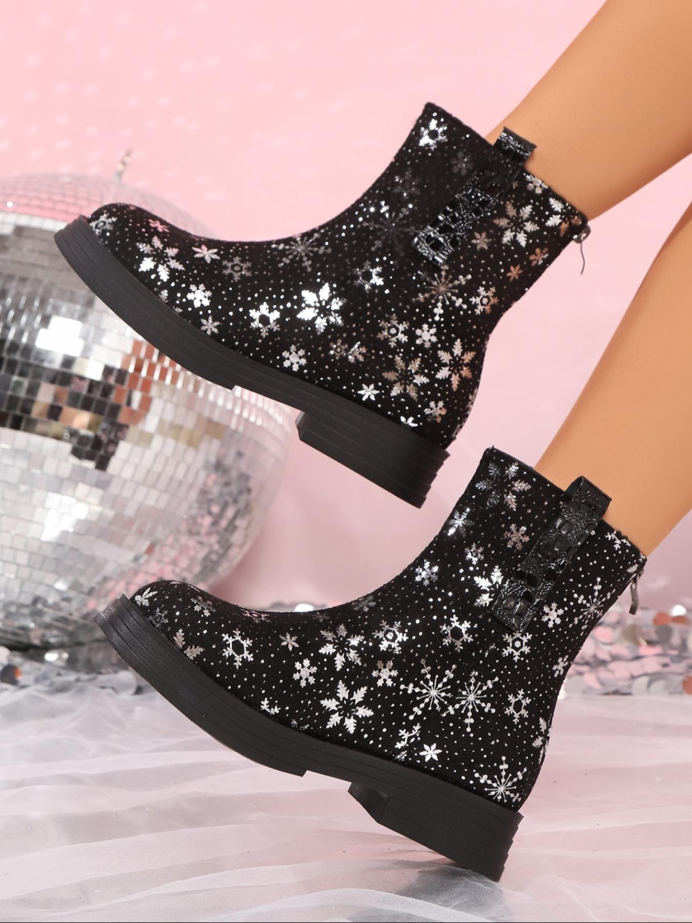 Women's Snowflake Print Ankle Boots, Winter Boots with Side Zipper ...