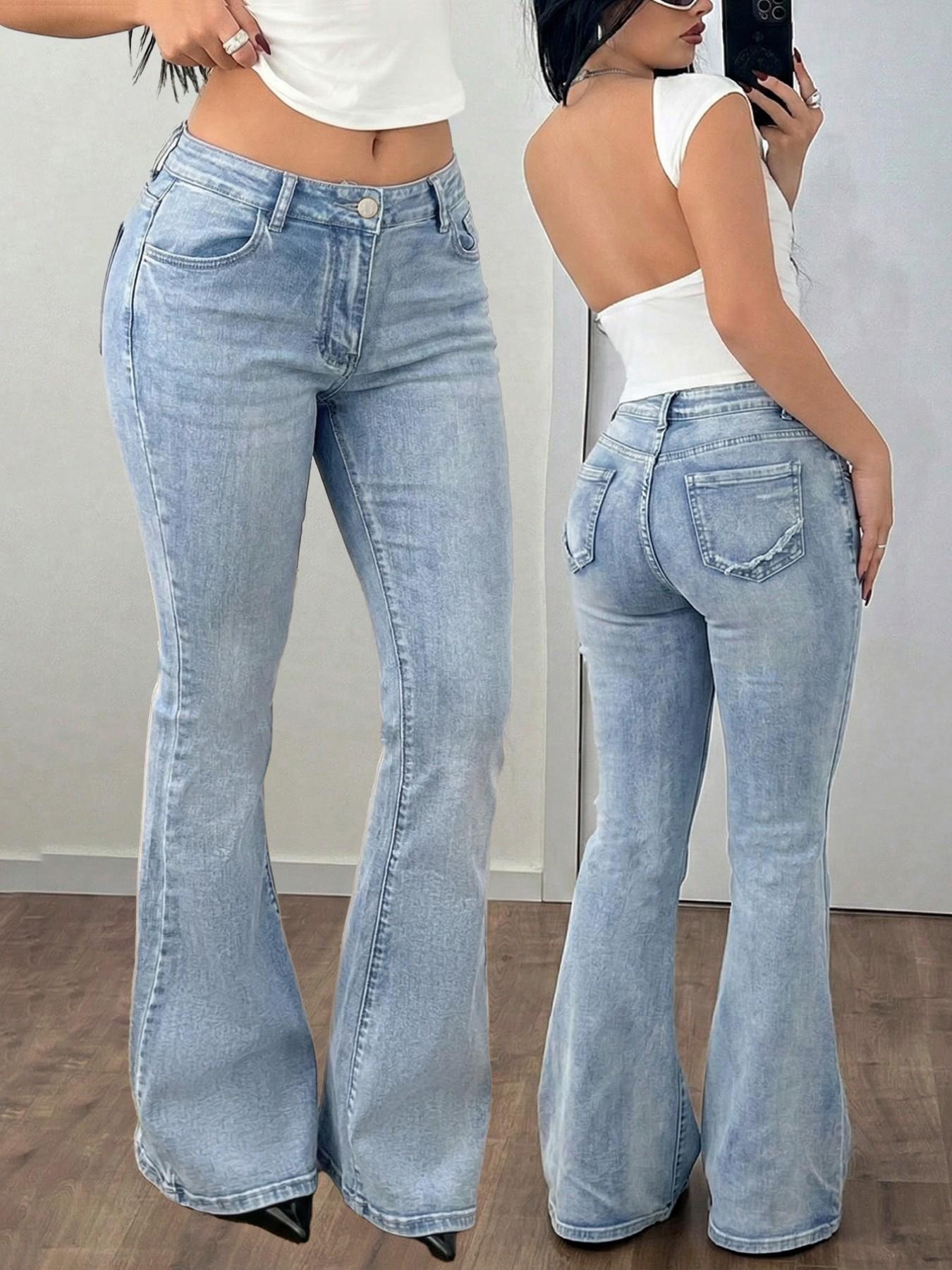 Women's Light Blue High Waist Slim Fitted Bell Bottom Denim Jeans, Y2K ...