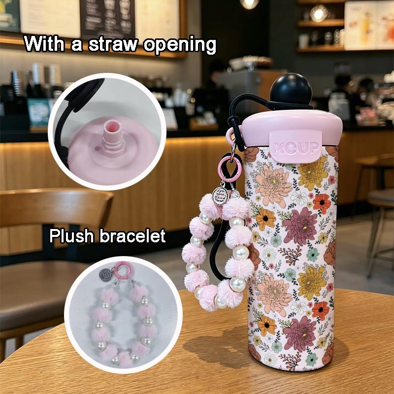 600ML Insulated Tumbler with Straw, Pearl Bead Bracelet, Retro Floral ...