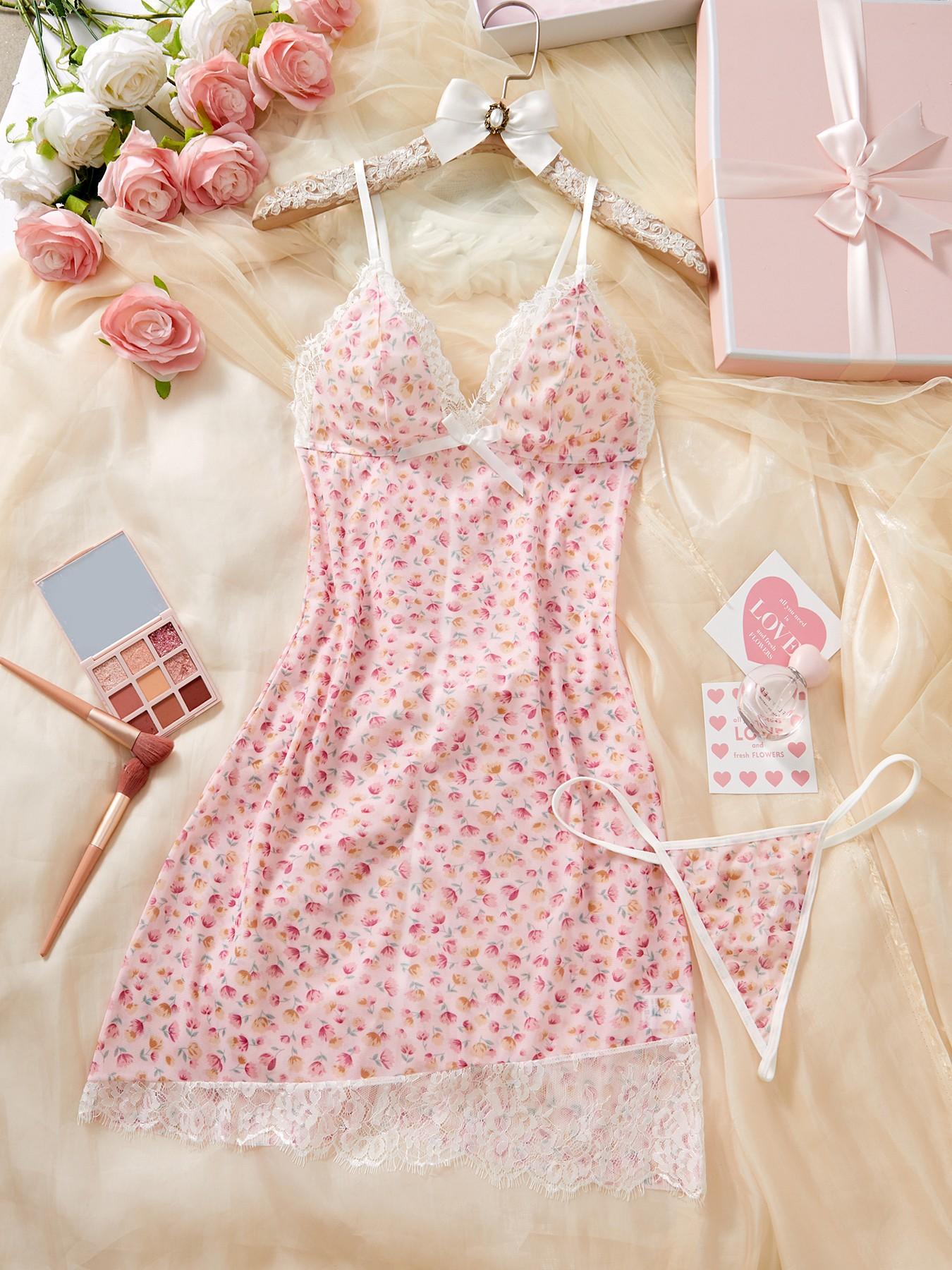 Women's Elegant Casual Nightdress Set, Loungewear, Deep V Neck, Floral ...