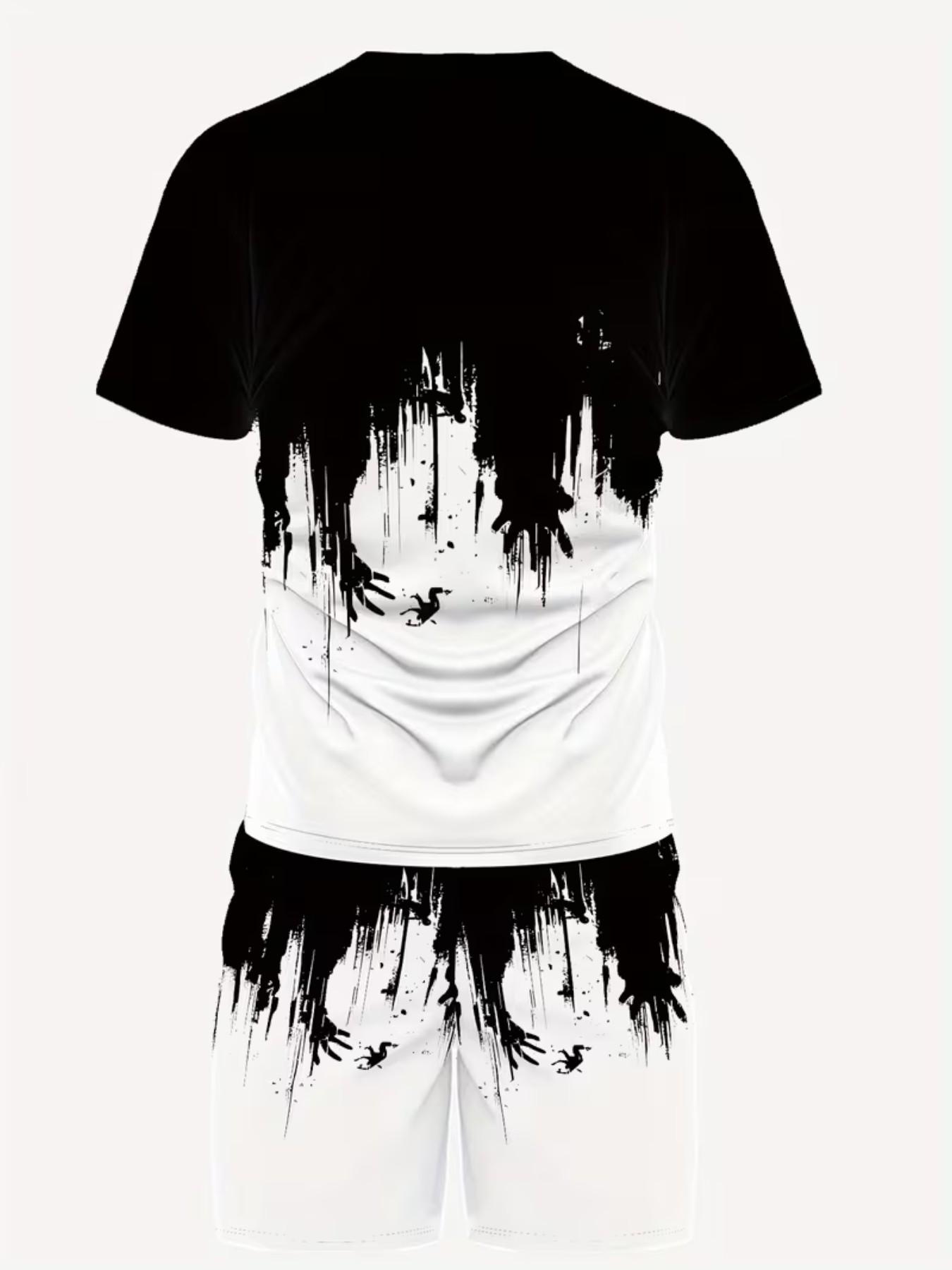 Men's Printed Geometric Short Sleeve T-Shirt & Track Shorts Set, Casual ...