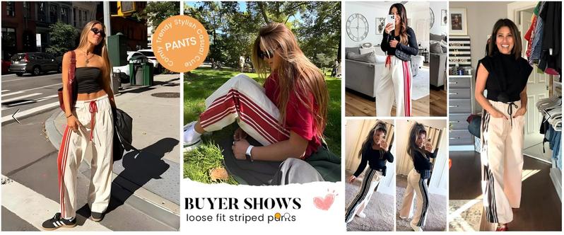 JovenPara Women's Wide Leg Track Pants Drawstring High Rise Side ...