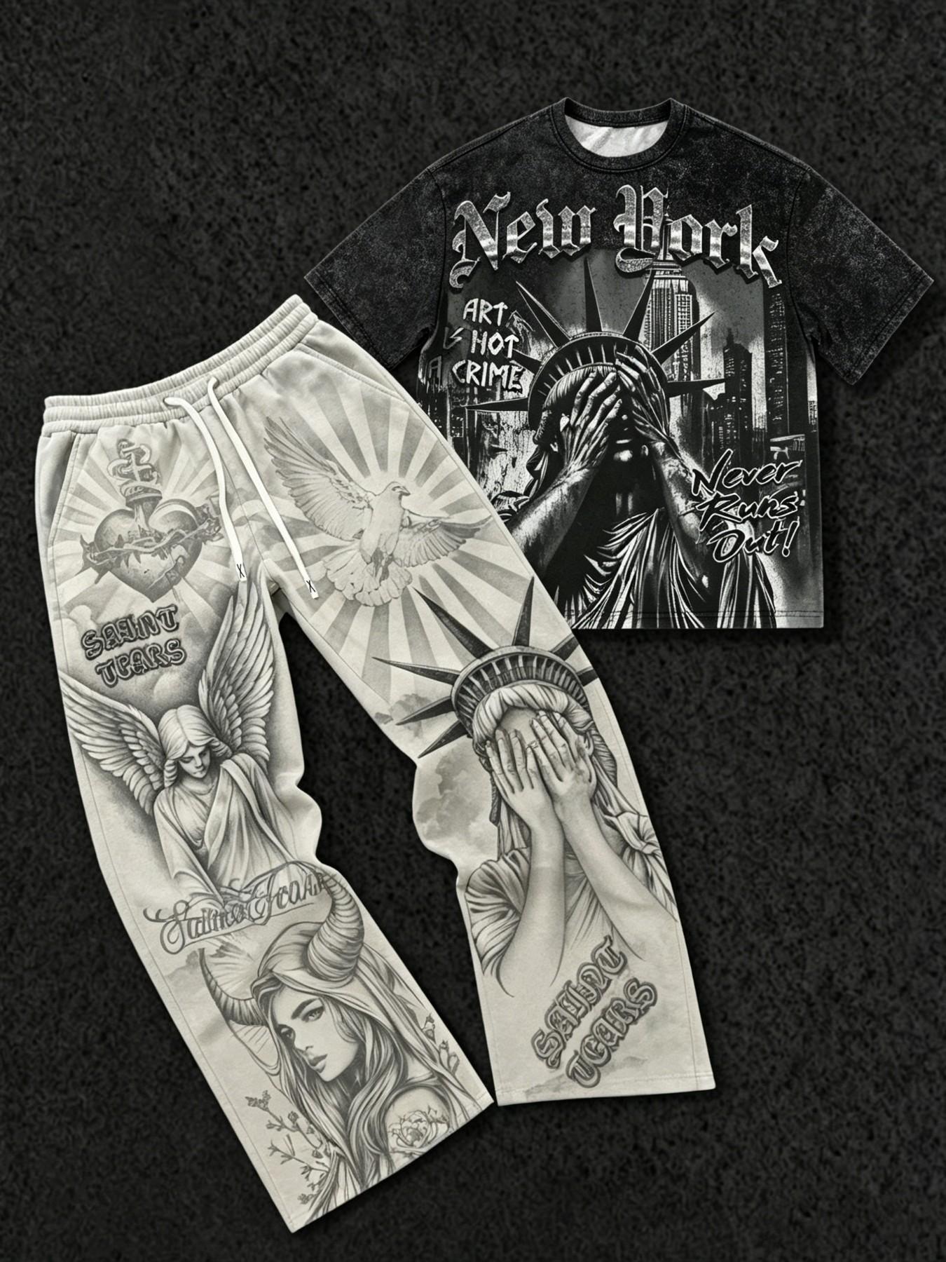 Men's Street Style Streetwear Loose-Fit T-Shirt Set, Freedom Statue ...