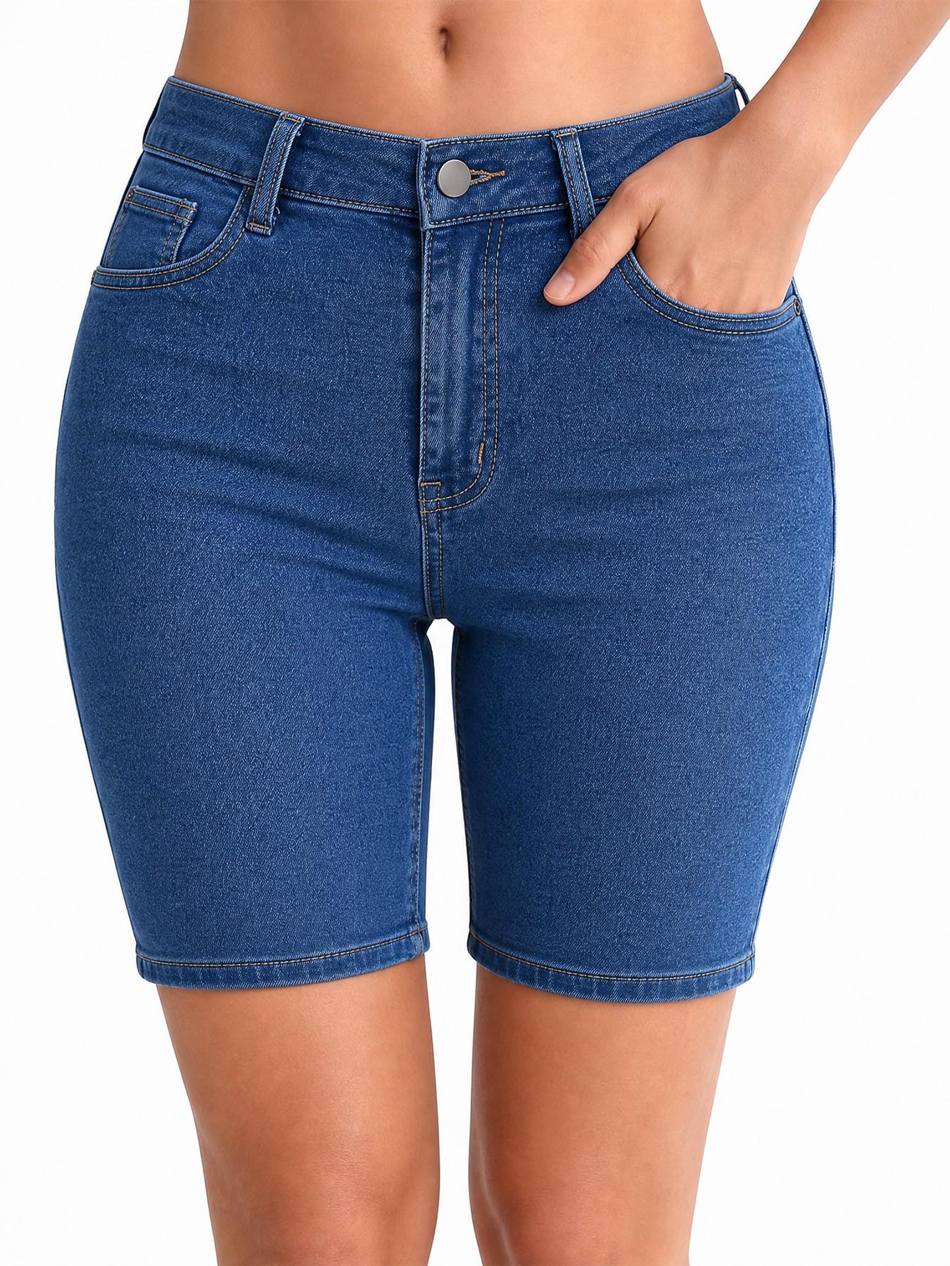 High Waist Blue Washed Slim Fit Straight Leg Jeans, Mid-Length Ruched ...