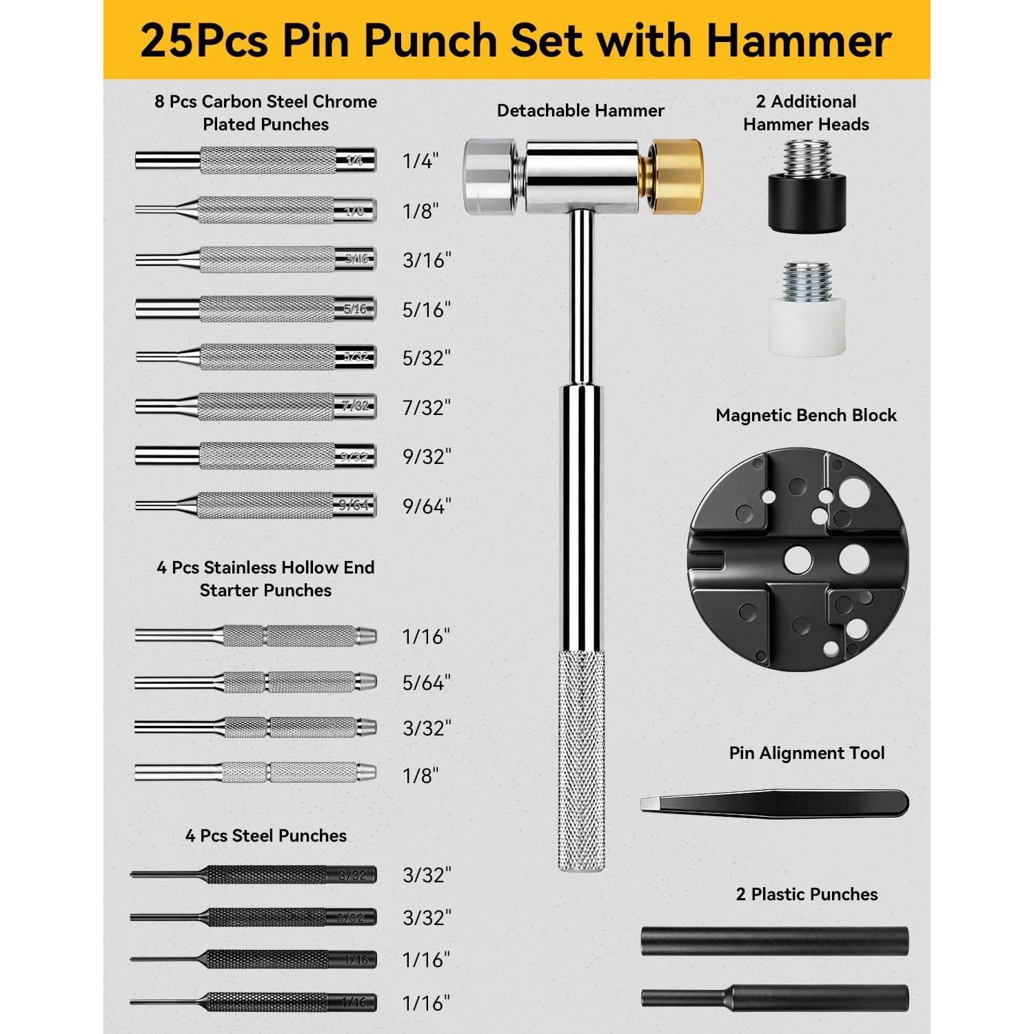 25- Punch Set, Pin Punches, Roll Pin Punch, Tool with Hammer, Metal ...